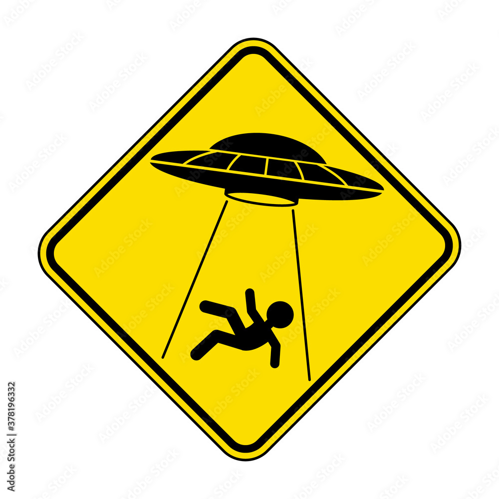 UFO abducts human from earth. Vector illustration of yellow diamond ...