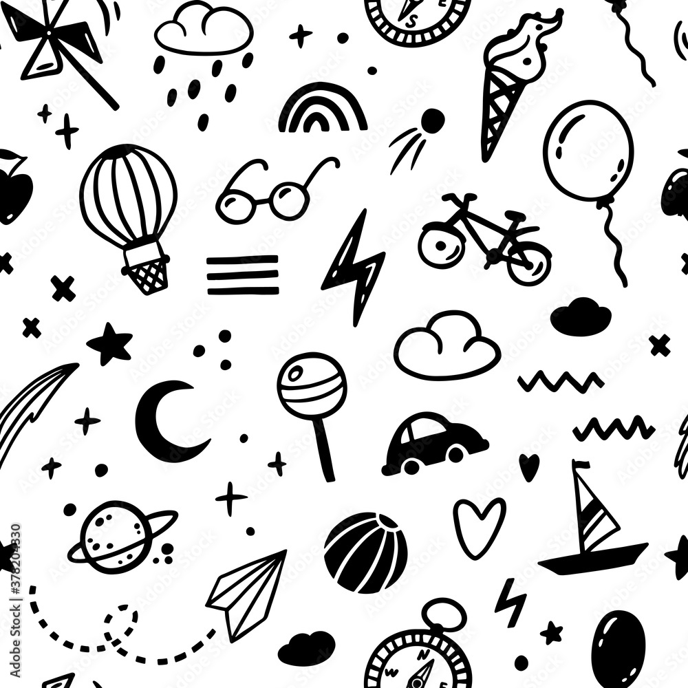Doodle sketch boy monochrome seamless pattern. Cute childish hand-drawn ...