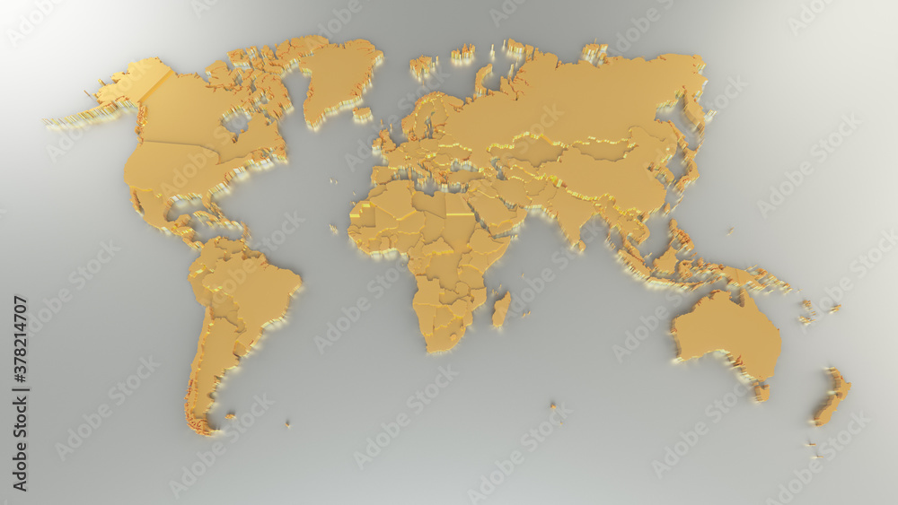 World map with golden continents and countries on a grey background. 3d ...
