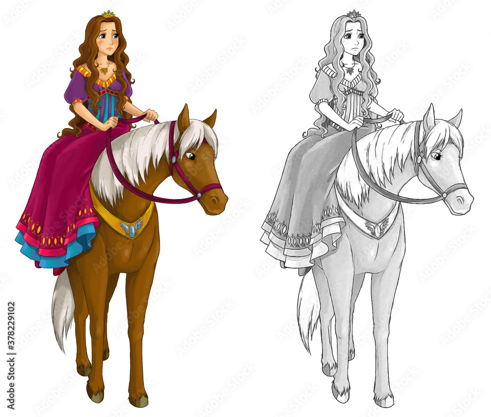 cartoon sketch scene with princess riding on horse illustration Stock ...