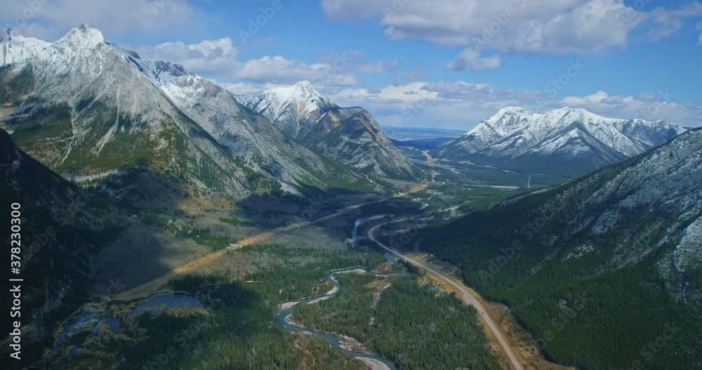Mountain range in Banff National Park, wide aerial Stock Video | Adobe ...
