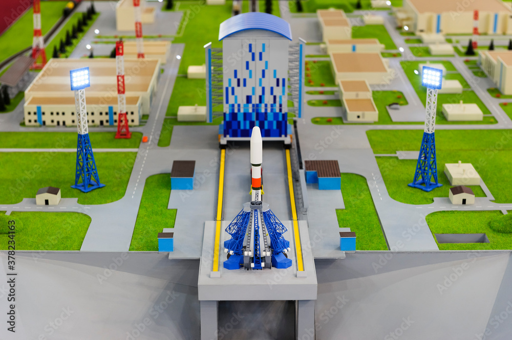 Spaceport scale model with spaceship on launch platform, layout of ...