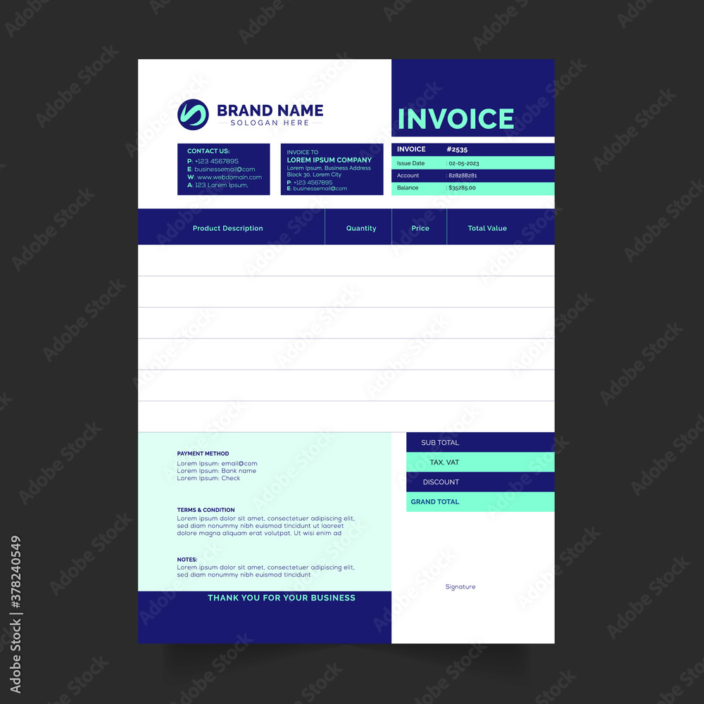 blue color invoice format, modern and professional business invoice ...
