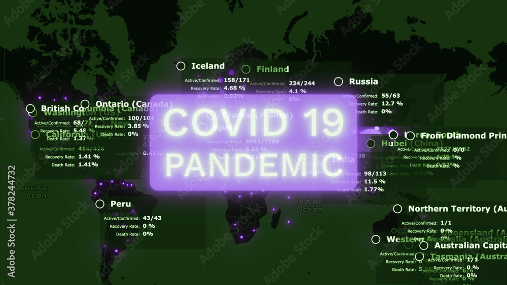 Covid 19 pandemic alert purple tablet on futuristic world map with ...