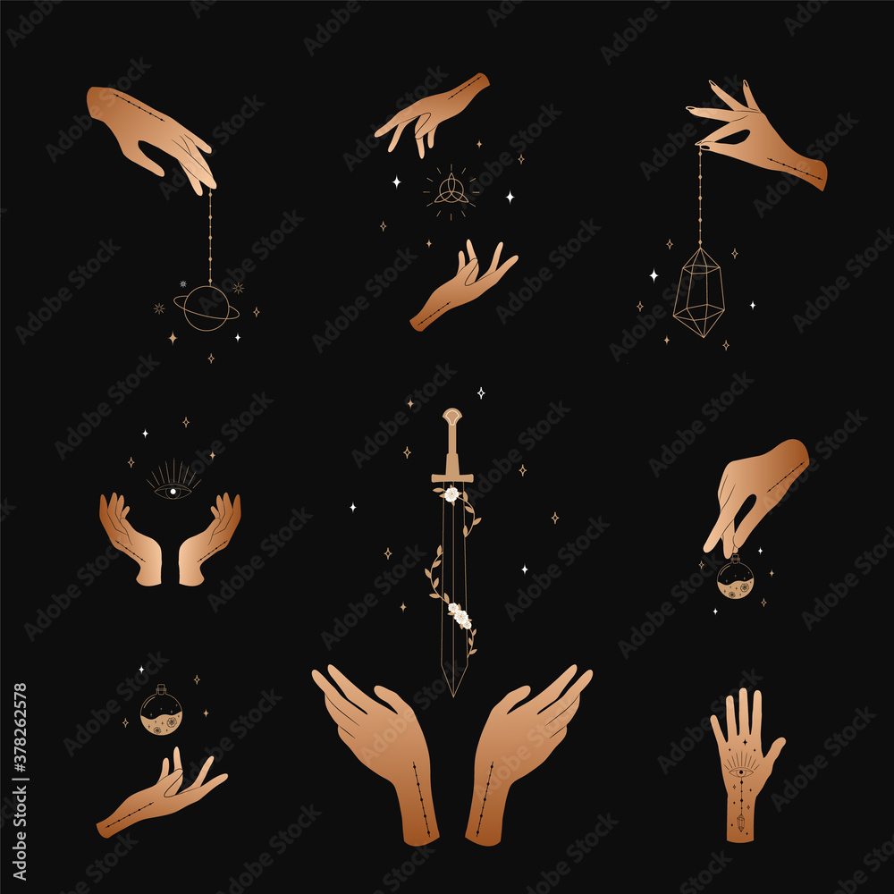Set of female hands. Witch magic and occult collection. Different vector hand gestures with ...