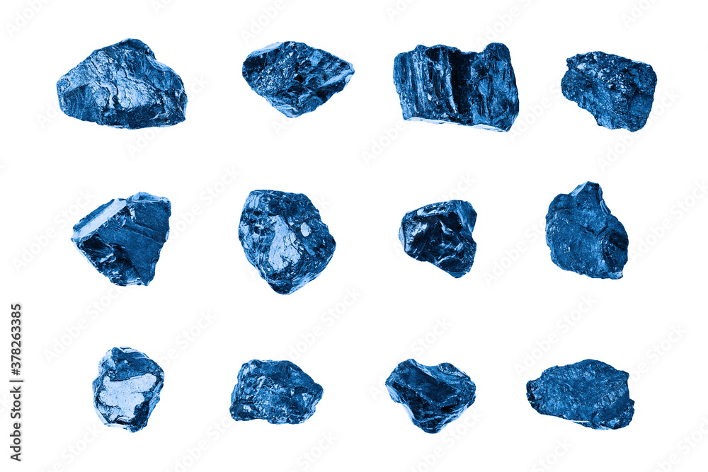 Dark blue gem stones set white background isolated closeup, raw ...