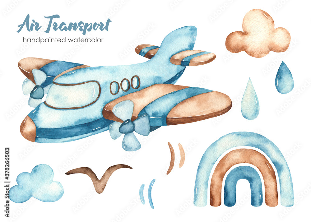 Watercolor clipart air transport. Airplane, rainbow, rain, clouds, bird ...