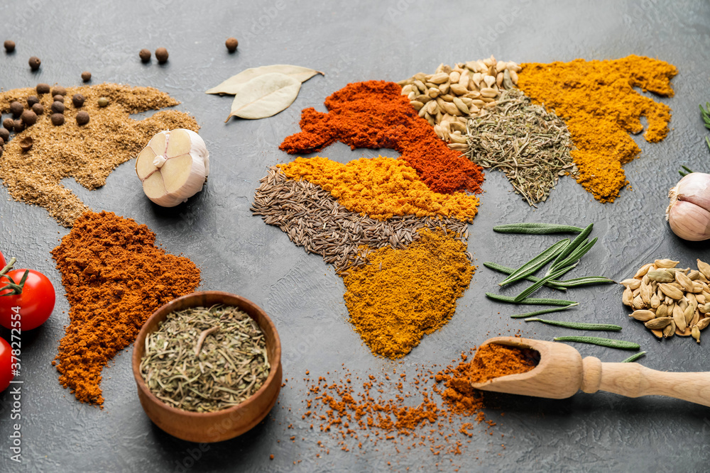 World map made of different spices on grey background Stock Photo ...