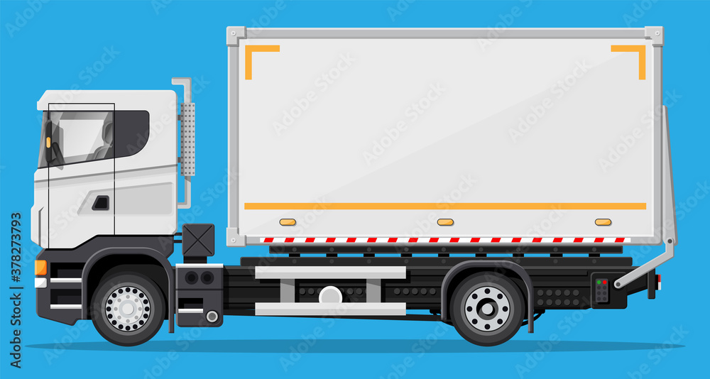 White delivery van isolated on blue background. Express delivering ...