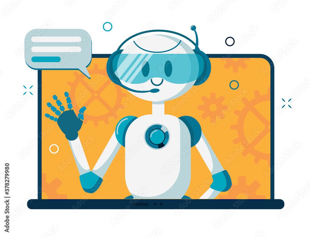 Smiling chat bot character robot helping solve a problems. For website ...