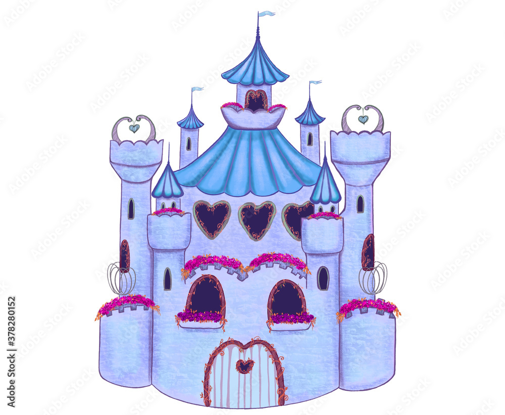 Magic blue Fairytale castle. Hand drawn cute blue princess Castle with ...