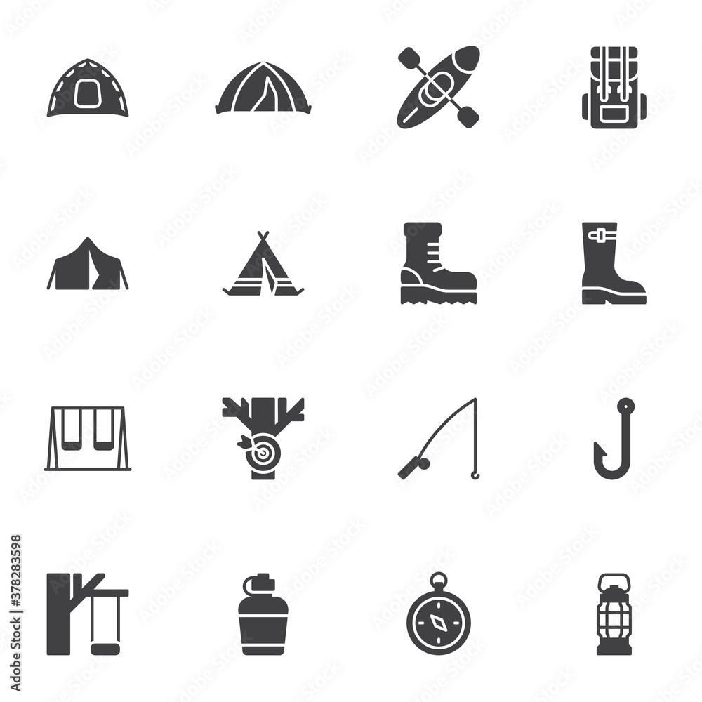 Hiking vector icons set, modern solid symbol collection, filled style ...