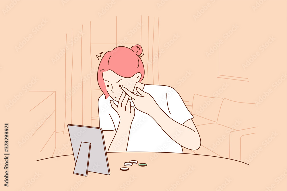 Health, care, medicine, allergy concept. Young worried sick ill ...