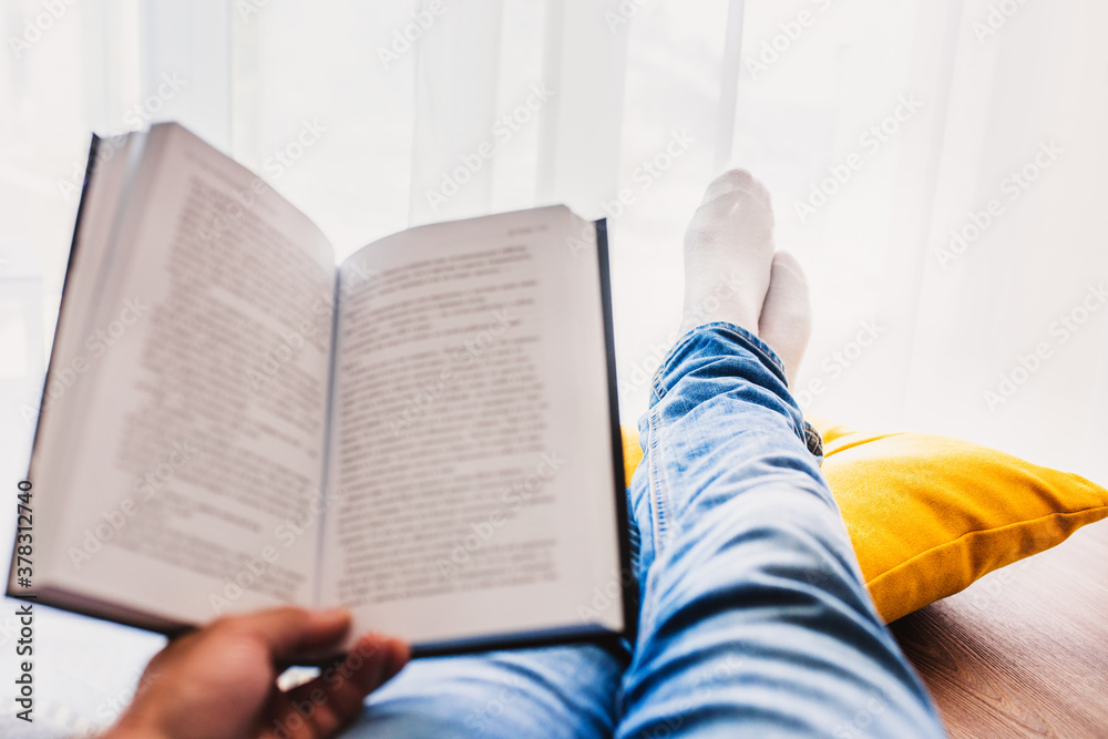 Comfortable reading area by a large window with natural light in a soft ...
