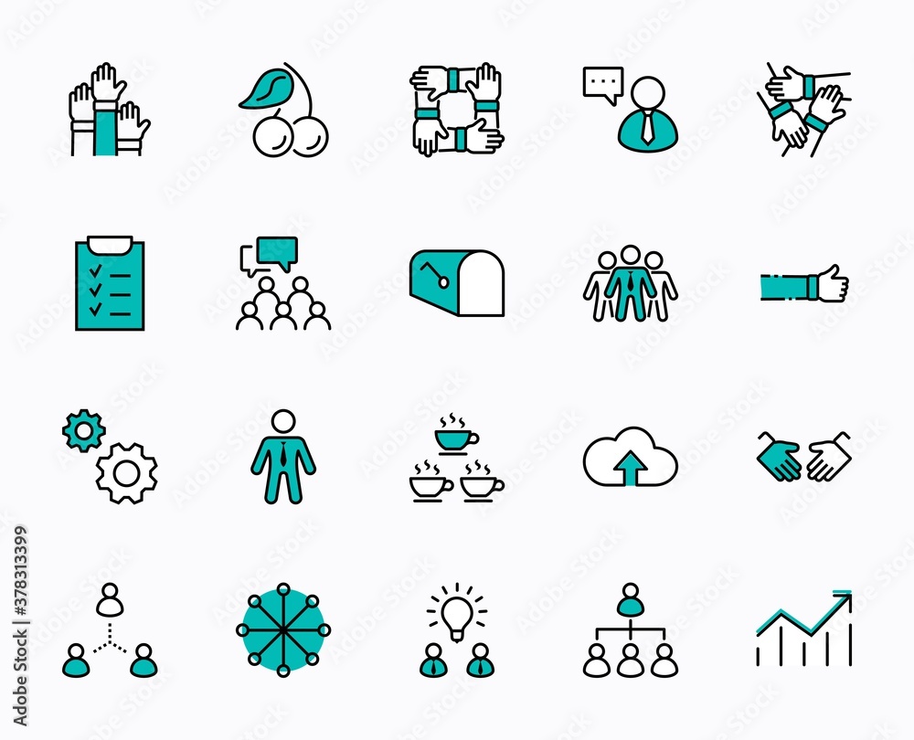 Set of Team Work Related Vector Line Icons. Contains such Icons as Handshake, Check, Idea ...