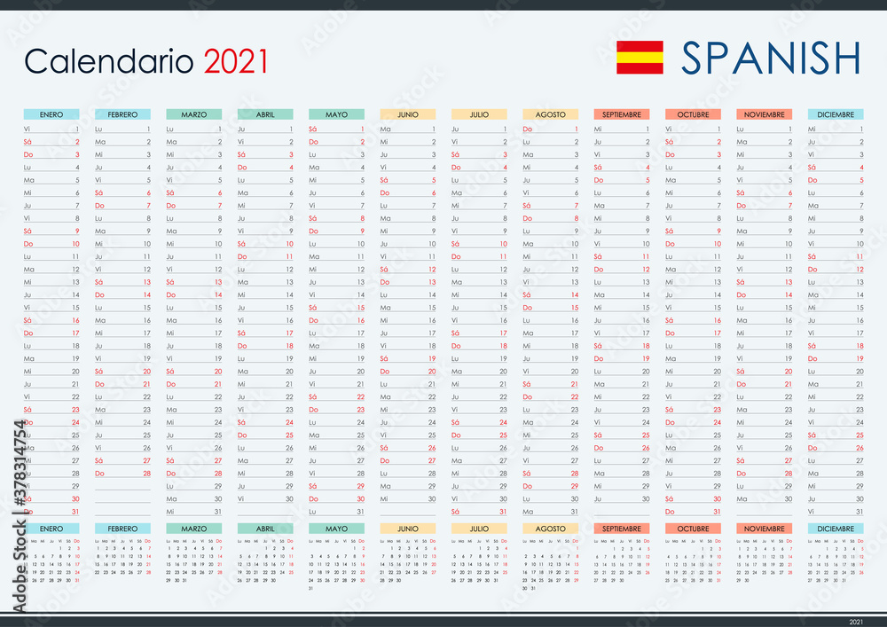 2021 Wall Planner in Spanish. Yearly calendar and organizer. Simple ...