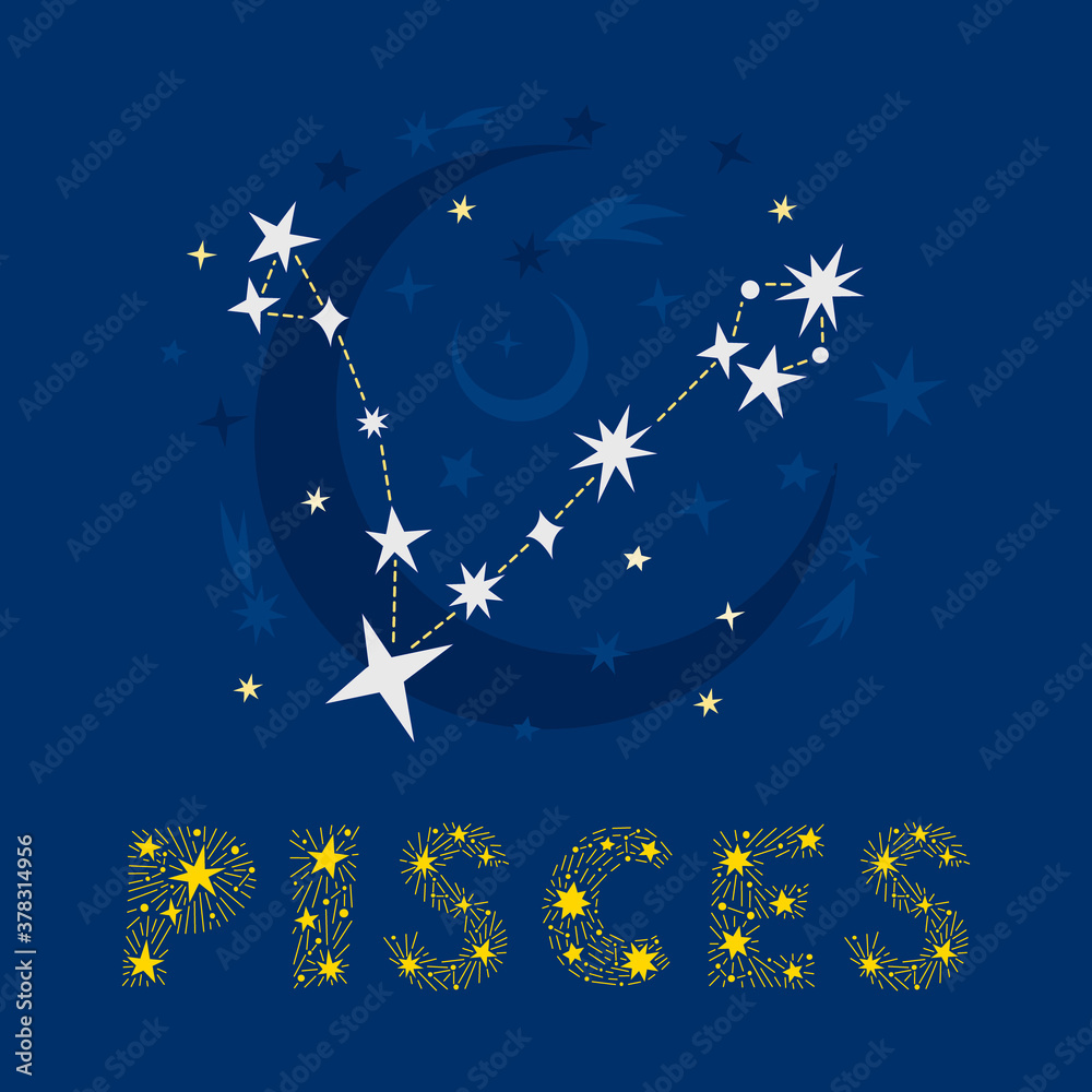 Hand drawn Pisces zodiac star constellation design. Abstract starry map ...