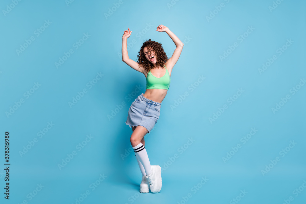 Full size photo of carefree crazy lady model scream loud music hands ...