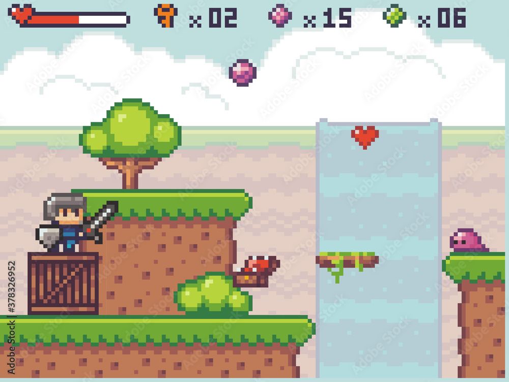 Pixel art style, character in game arcade play. Man with sharp sword ...