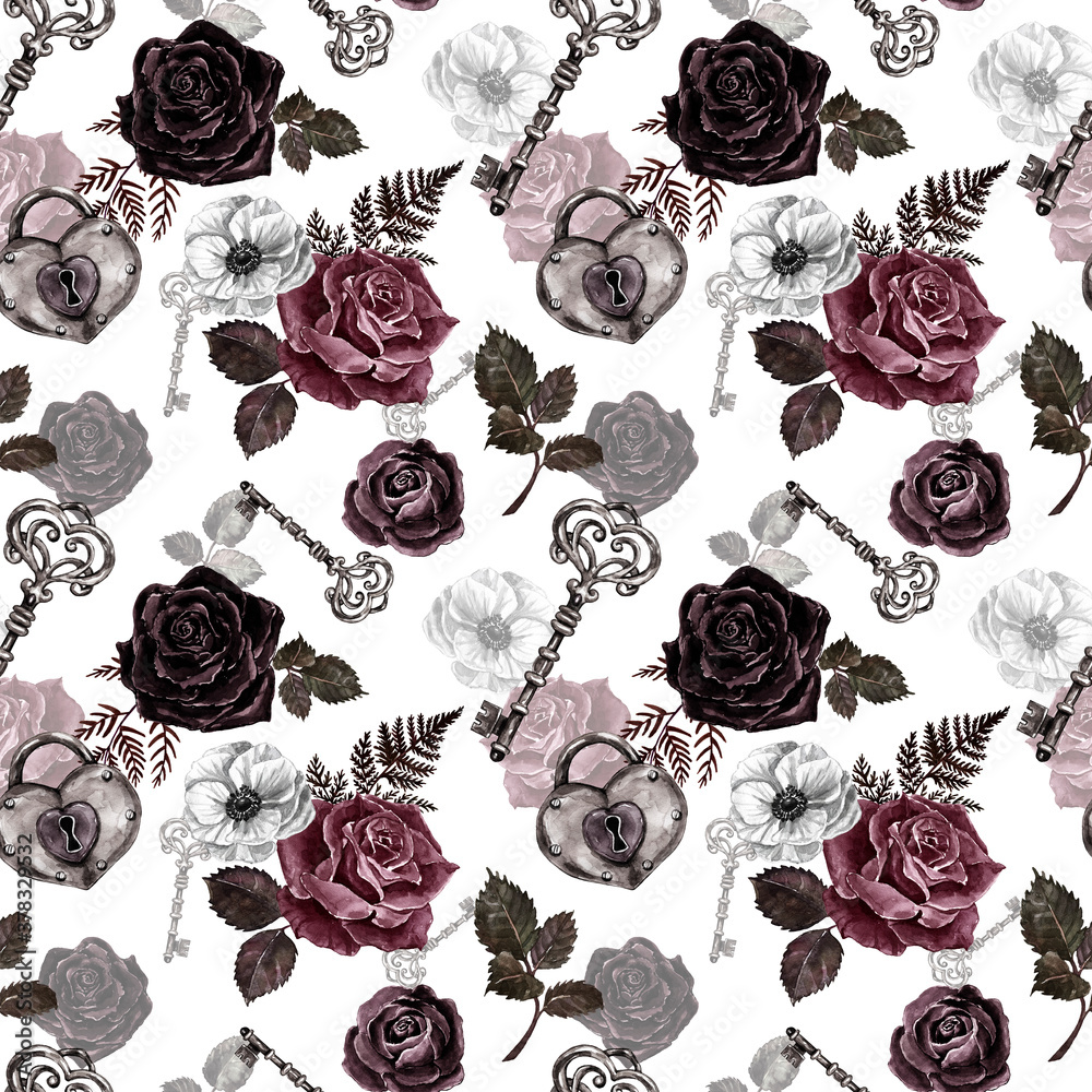 Victorian gothic style seamless pattern with watercolor red, black and ...