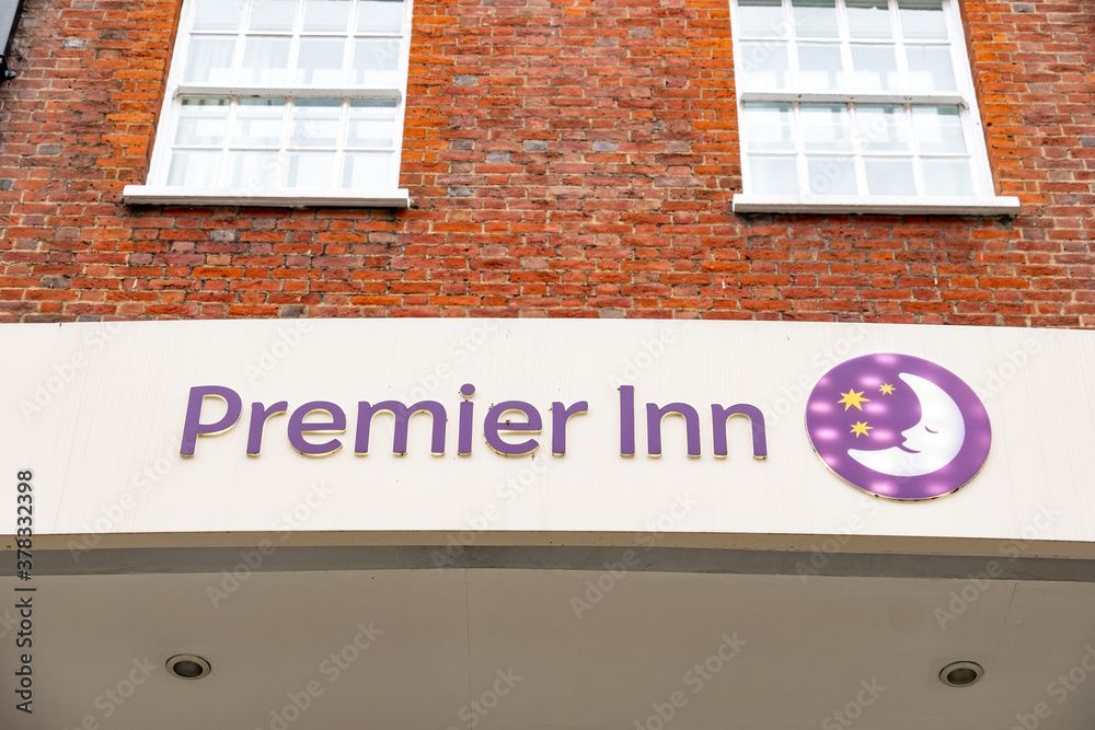 London- Premier Inn exterior sign, a large British hotel chain Stock ...