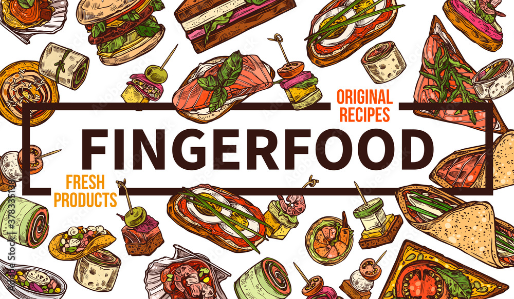 Finger food web banner hand drawn vector template. Takeaway dishes ...