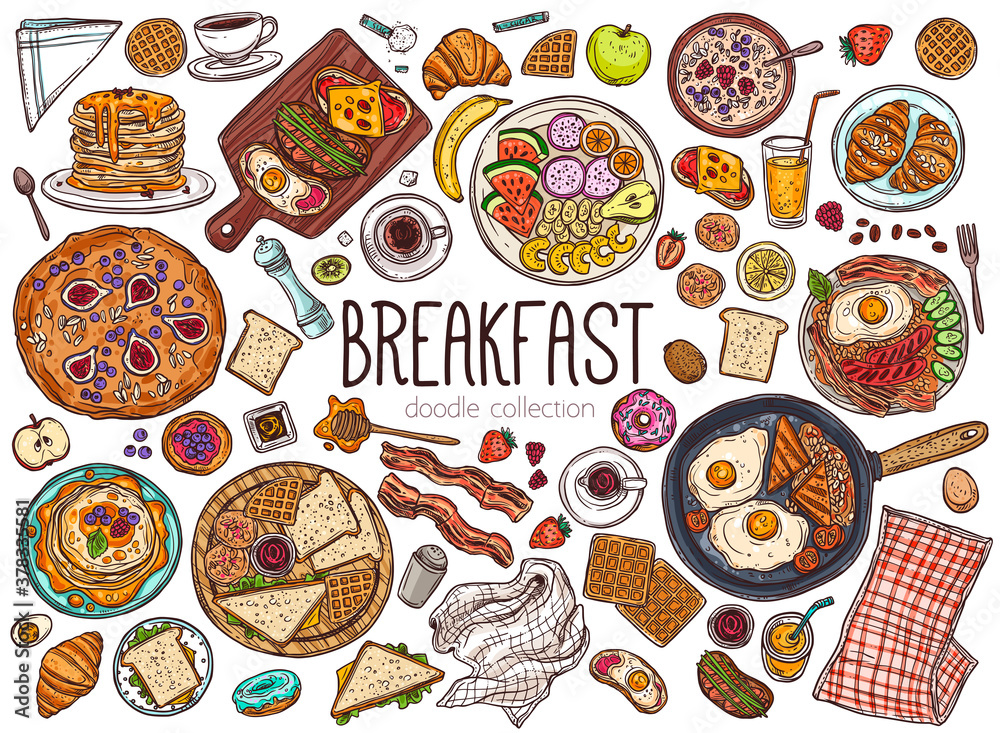 Morning breakfast dishes hand drawn illustrations set. Pancakes in ...