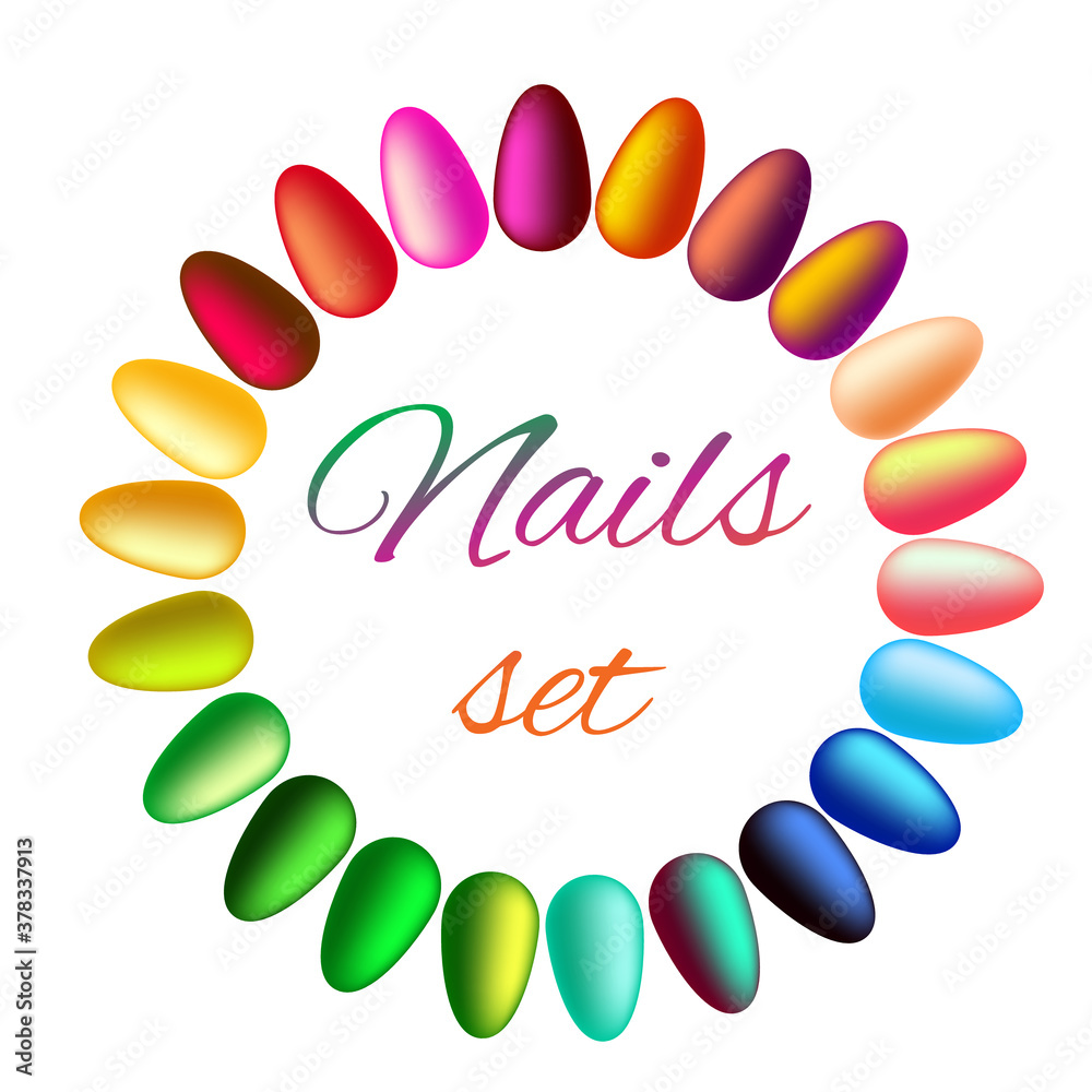 Nails set. Bright color options for gel polish. Collection of gradient ...