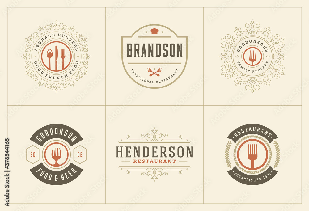 Restaurant logos templates set vector illustration good for menu labels ...