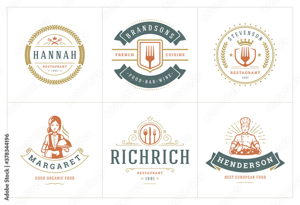 Restaurant logos templates set vector illustration good for menu labels ...
