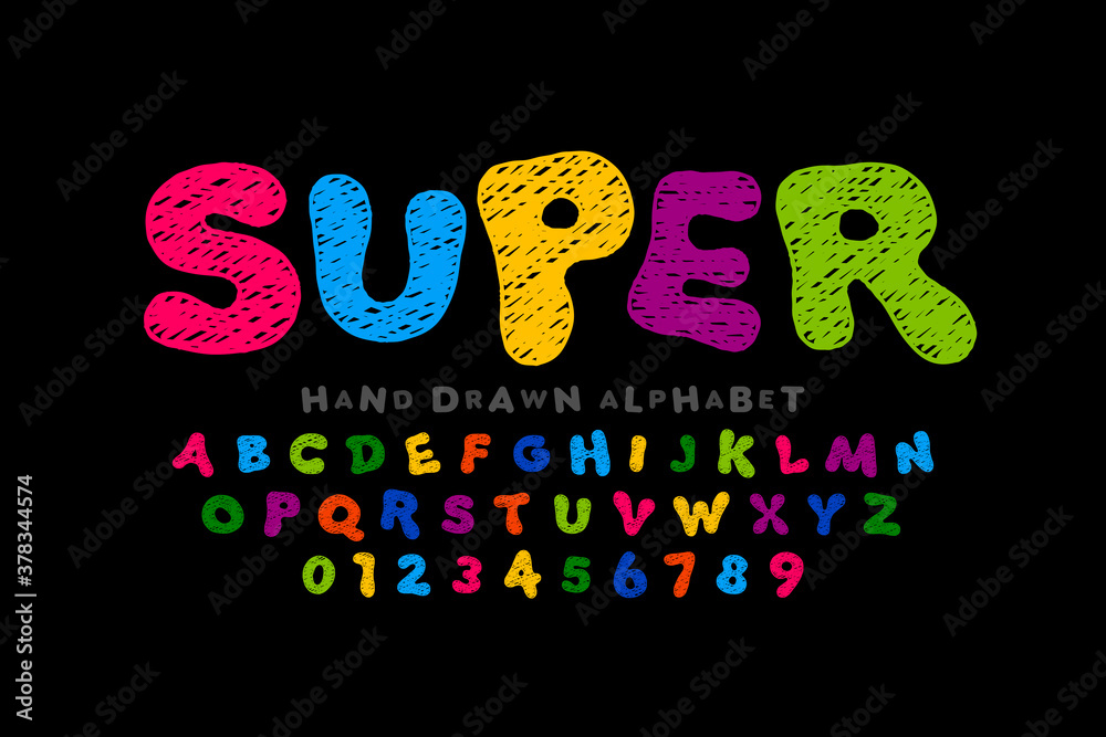 Hand drawn doodle style kids font, alphabet letters and numbers vector ...
