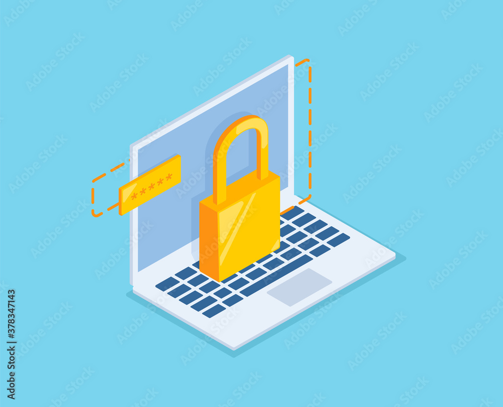 Cyber safety concept, locked and key on laptop computer keyboard vector ...