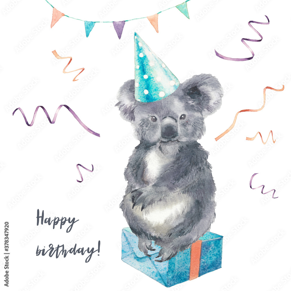 Happy birthday baby card. Cute koala party illustration. Confetti ...
