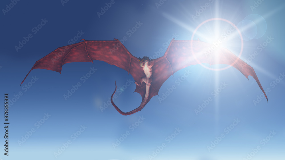 Fantasy illustration of a red dragon flying in to attack from a bright ...