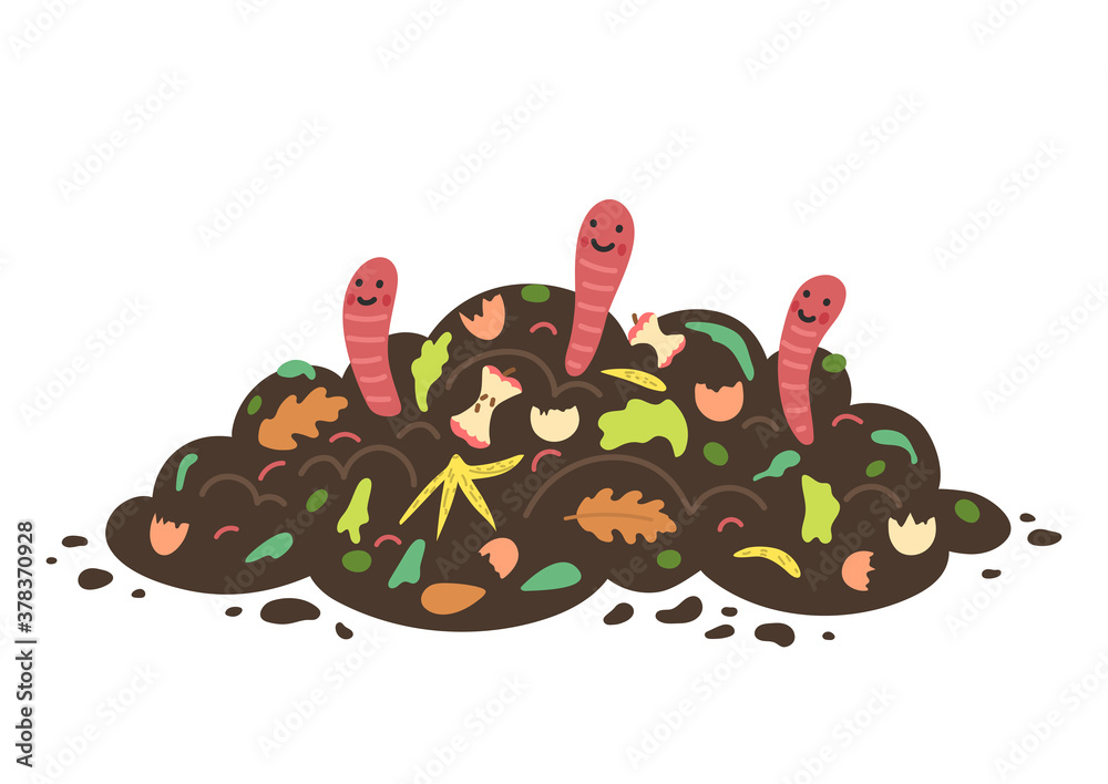 Compost with funny worms. Recycling concept. Flat vector illustration ...