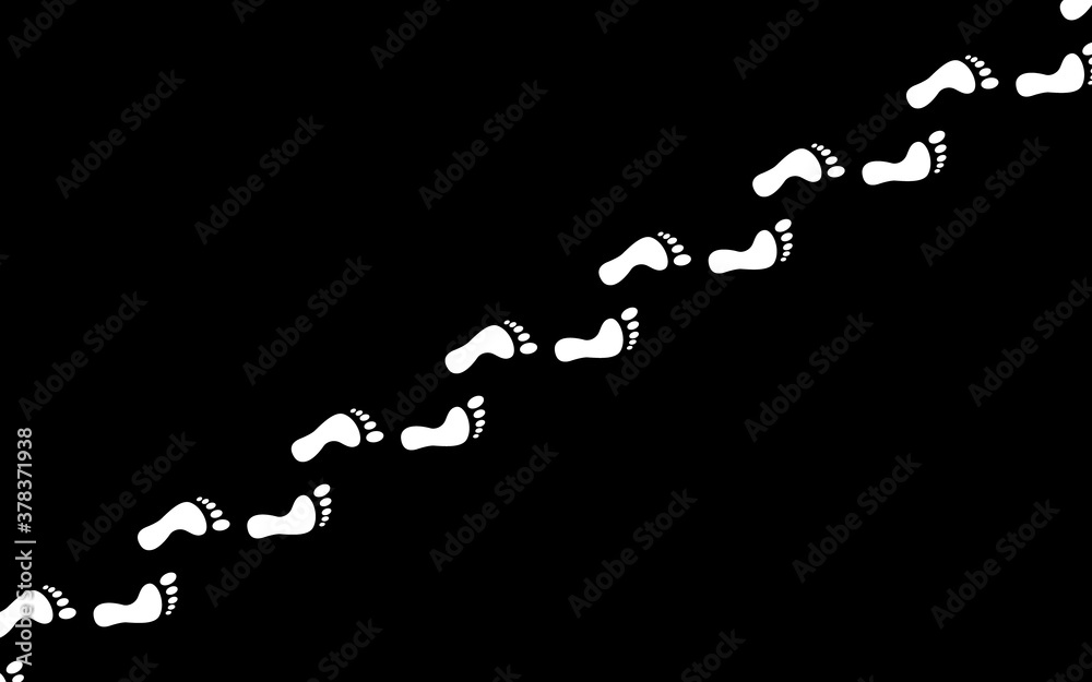 White bare footprints isolated on black background. Vector illustration of trail human bare ...