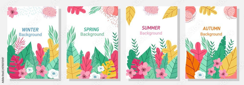 Vector set four seasons, winter, spring, summer, autumn, flowers and ...