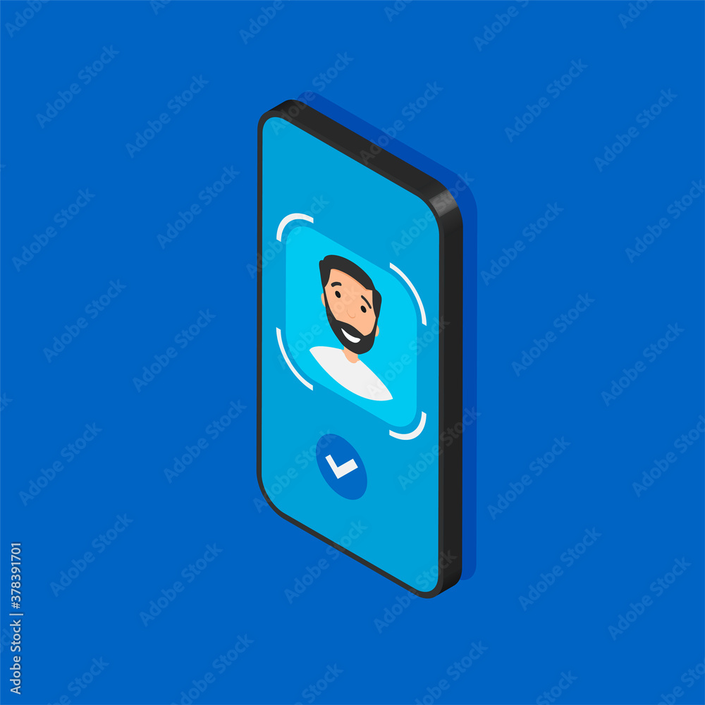 Isometric phone with face id technology on display. Face scanning ...