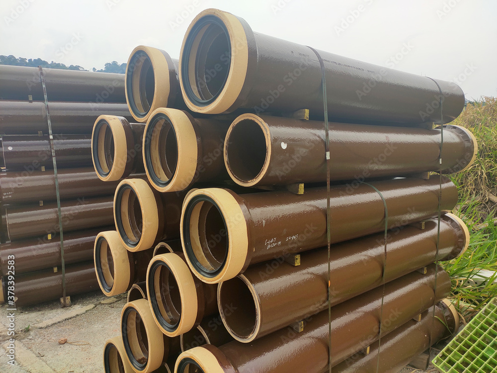 SEREMBAN, MALAYSIA -MARCH 2, 2020: Vitrified clay pipe stacked at the ...