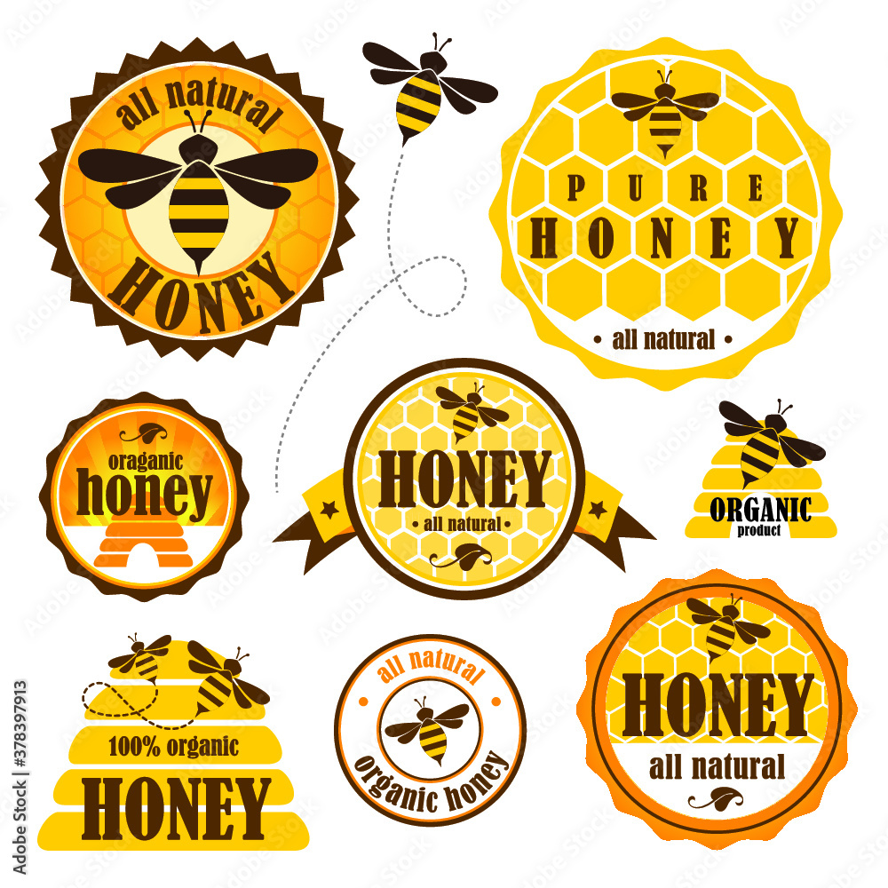 Set of eight unique honey label designs with bees, beehive and ...