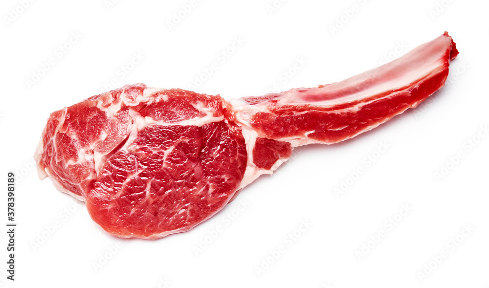 Slice of mutton meat isolated on white. Top view of mutton steak. Stock ...