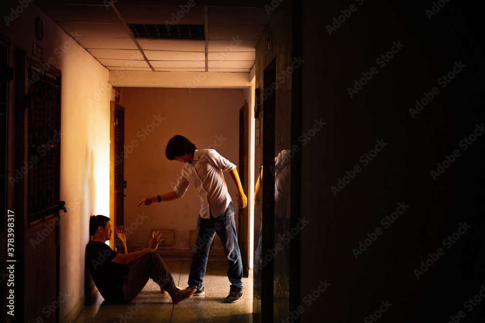 Two men staring each other as a enemies, conflict between two worker ...