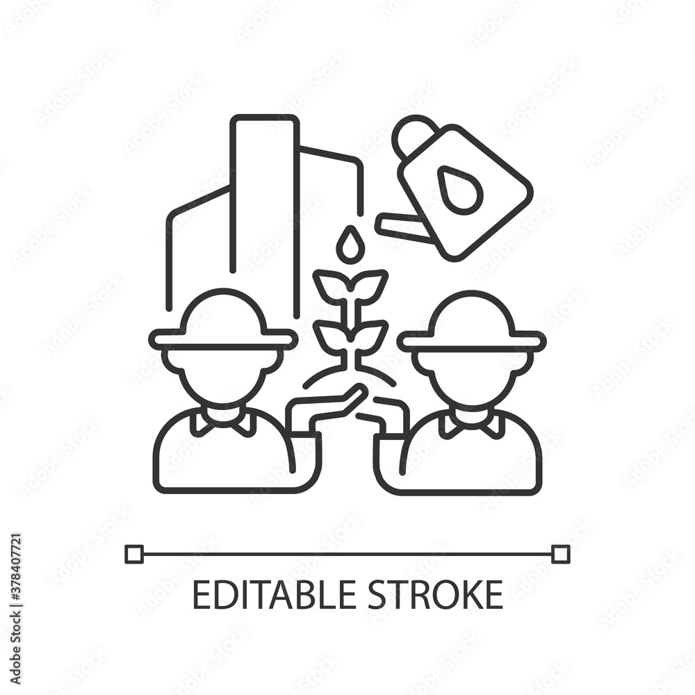 Community gardening linear icon. Farmer group in city. Urban ...