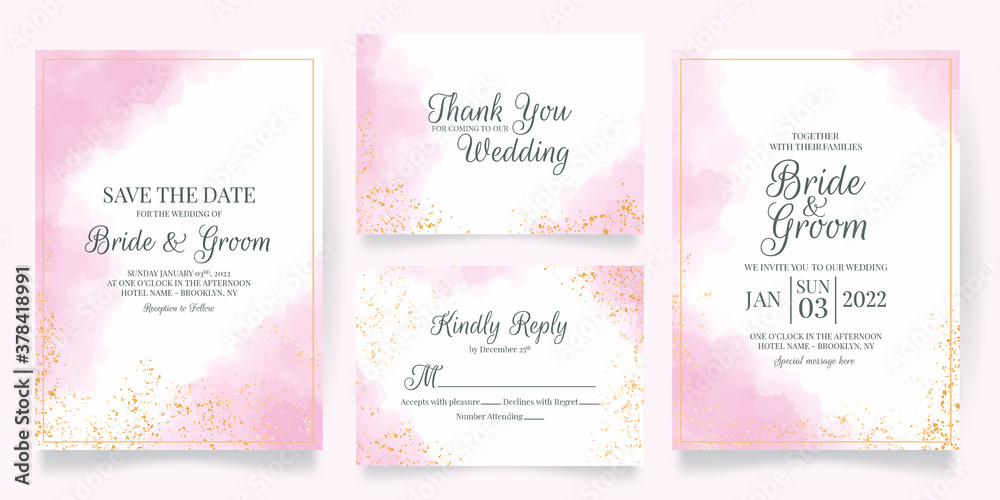 watercolor creamy wedding invitation card template set with golden ...