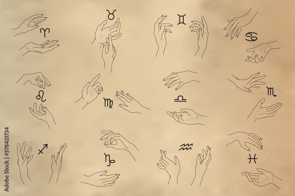 Set of magic hands with zodiac glyphs in outline style. Collection of ...