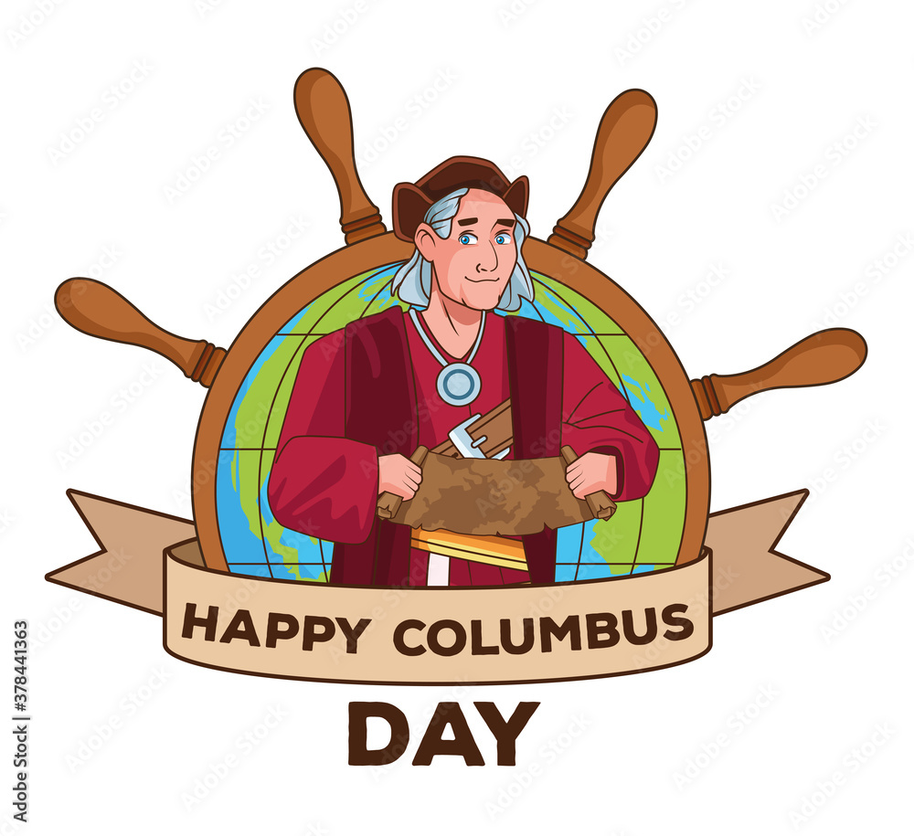 Columbus day celebration scene of christopher lifting paper map guide ...