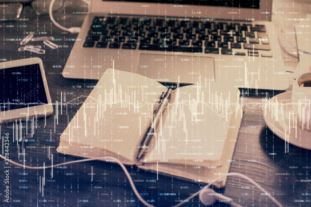 Multi exposure of financial graph drawings and desk with open notebook ...