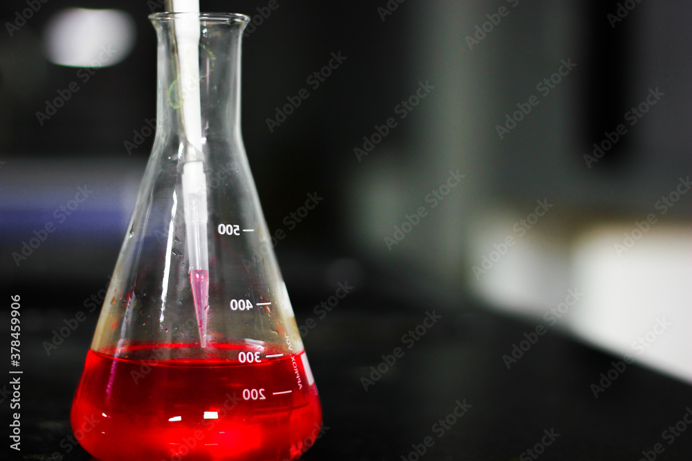 aspirating a red chemical on a glass conical flask with a pipette in a ...