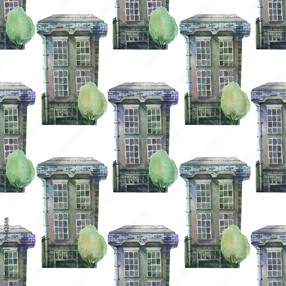 Seamless pattern watercolor old wooden gray house with green tree on ...