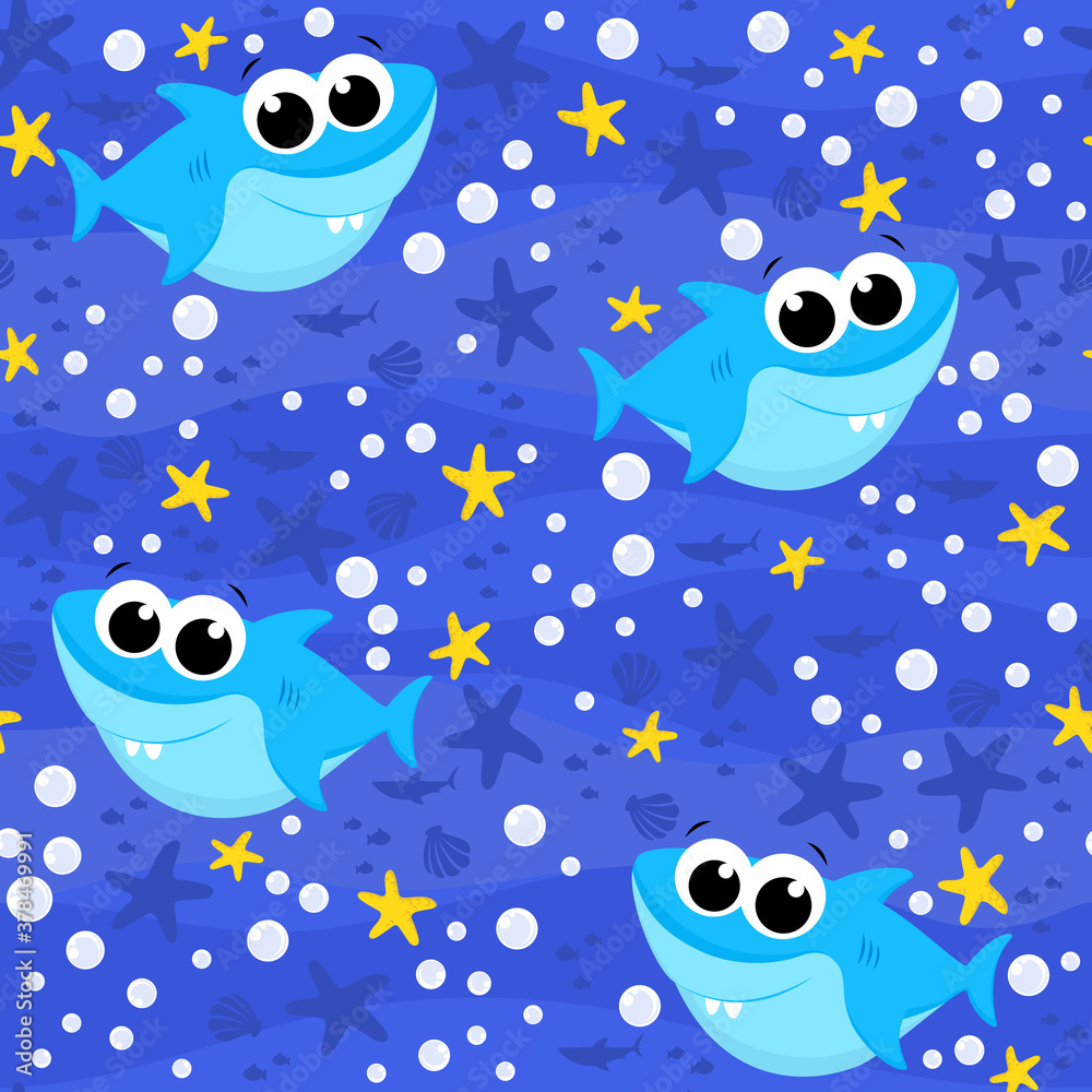 seamless pattern with cute baby shark. Cartoon illustration with ...